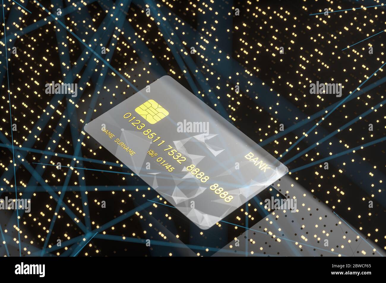 Bank card with glowing technological concept points, 3d rendering ...