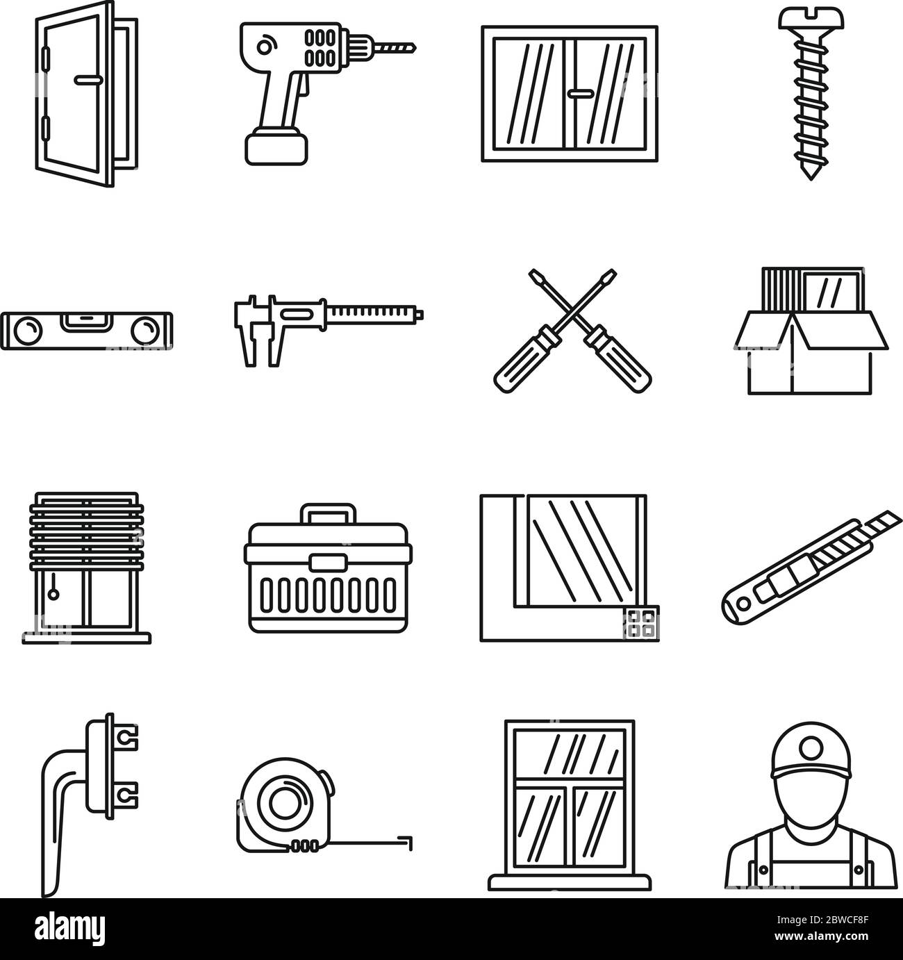Home window installation icons set. Outline set of home window ...