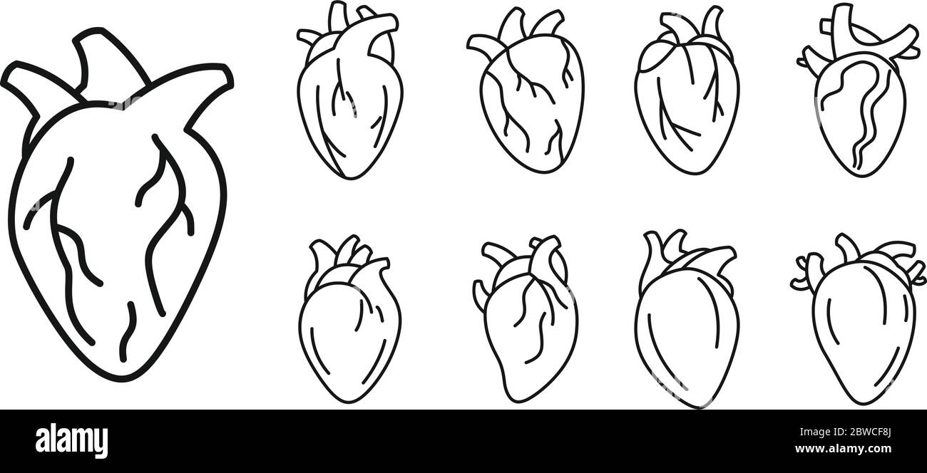 Biology human heart icons set. Outline set of biology human heart ...