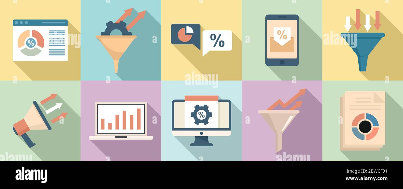 Conversion rate icons set. Flat set of conversion rate vector icons for ...