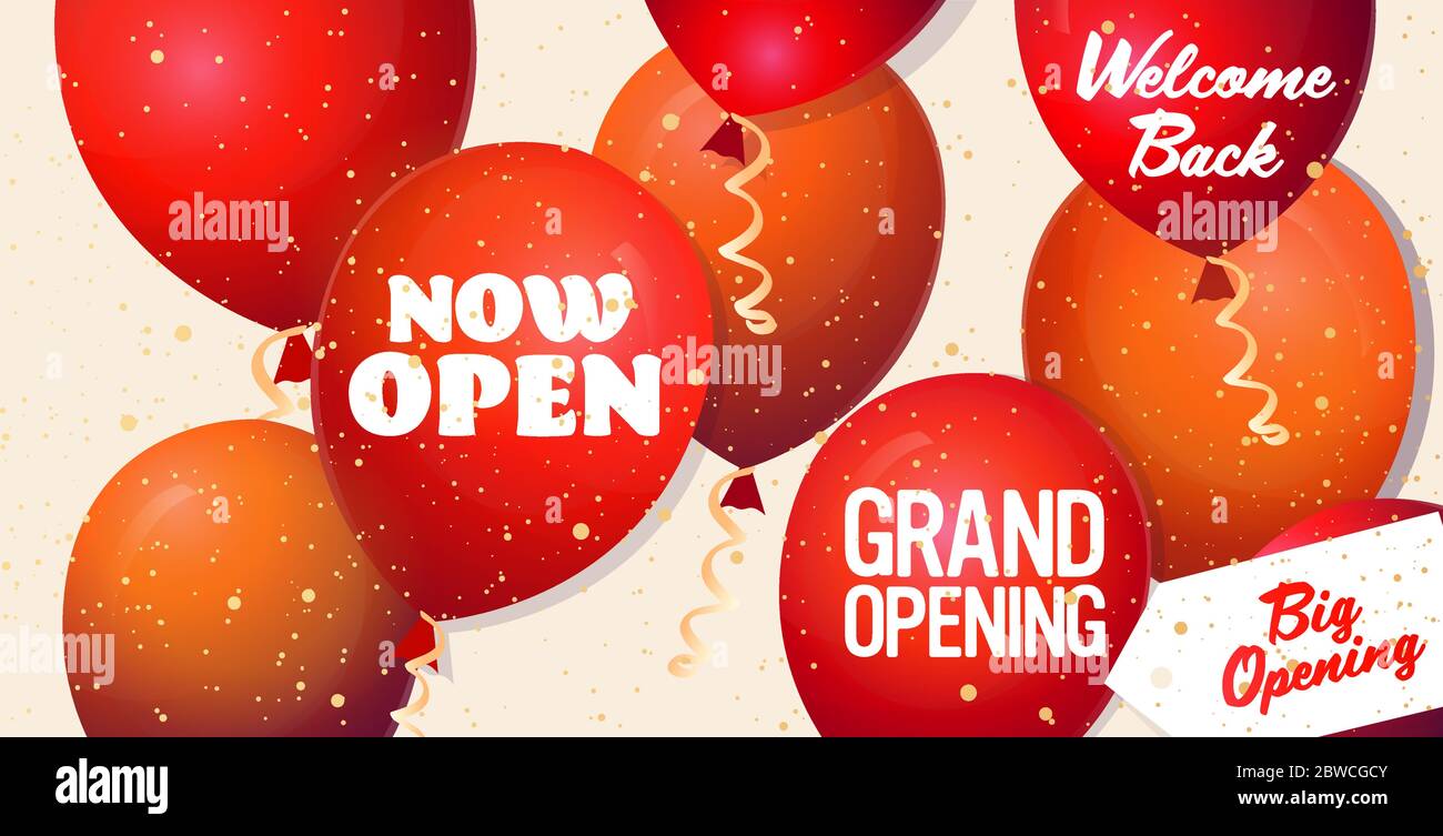 grand opening festive event invitation banner with red balloons and ...