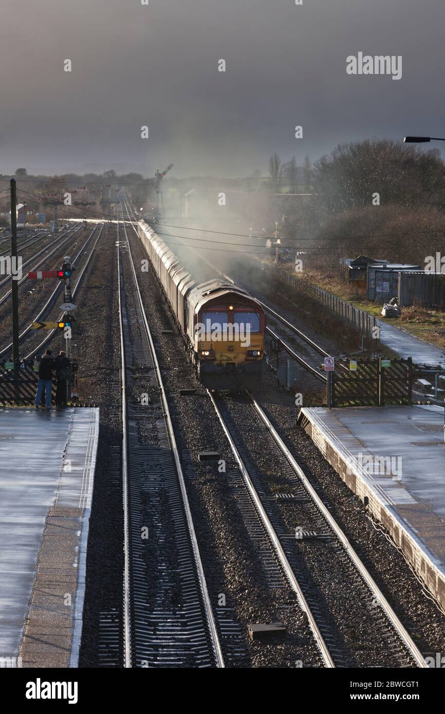 DB cargo Rail class 66 locomotive 66007 passing the large semaphore ...