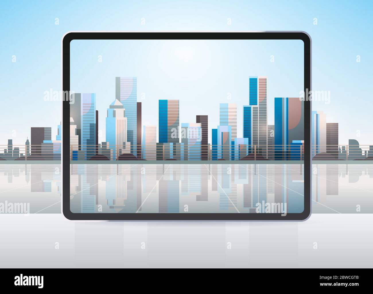 transparent tablet computer screen cityscape background realistic ...