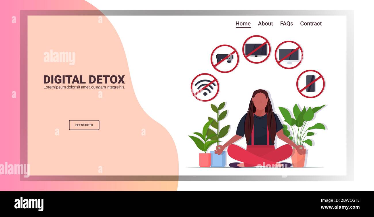 woman sitting lotus pose gadgets in red prohibition signs digital detox ...