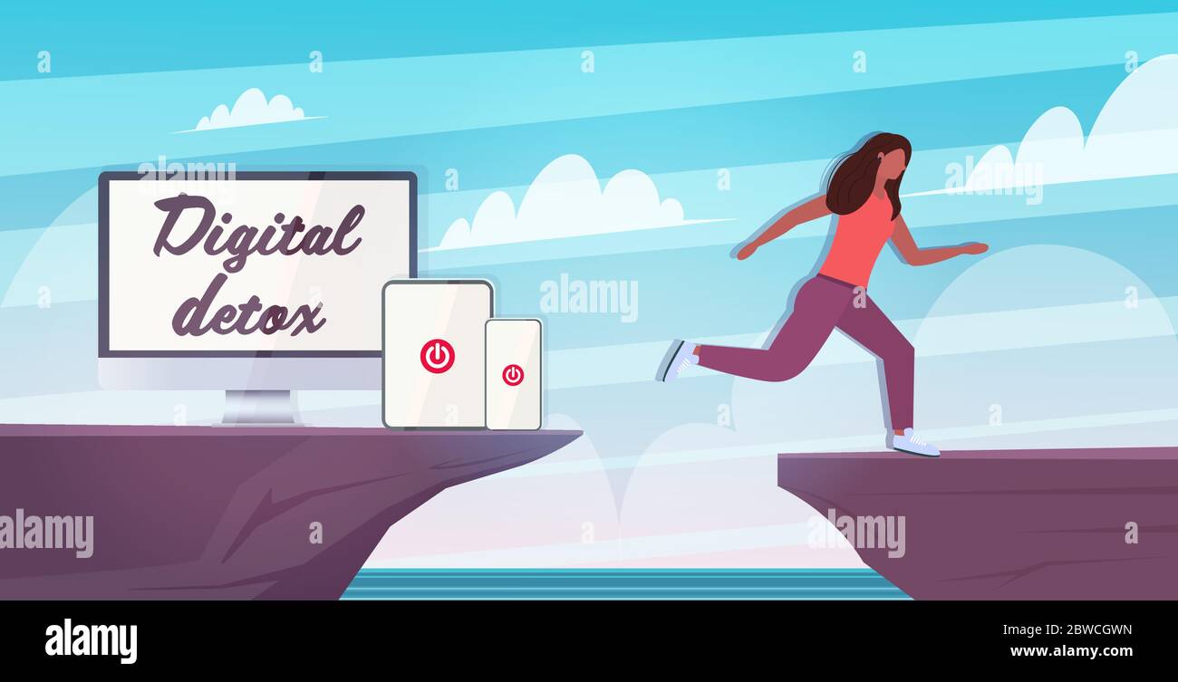woman jumping over cliff abyss running away from gadgets digital detox ...