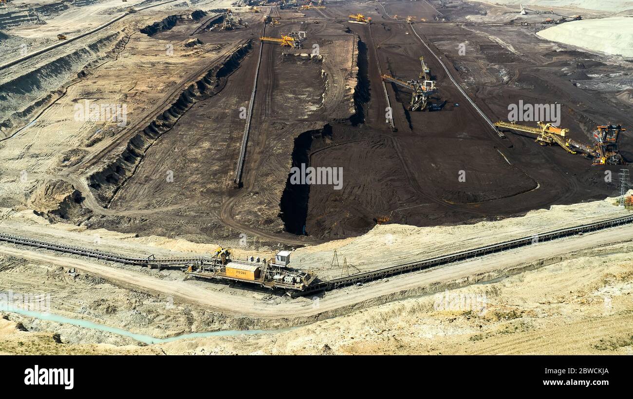 Panoramic view of a quarry with huge machine, bucket wheel excavator ...