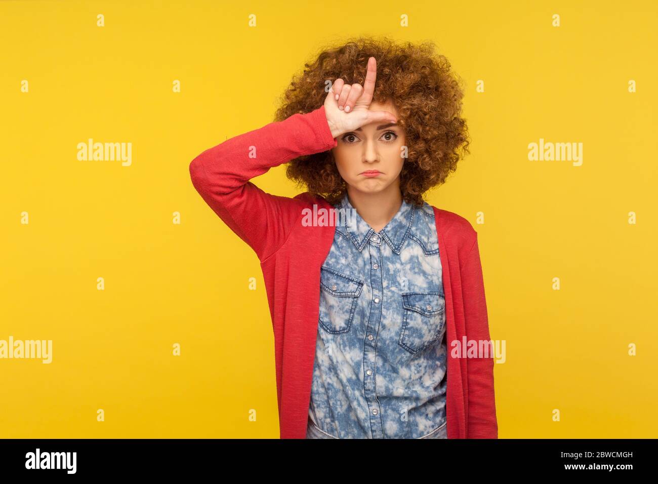 I lost job! Portrait of unlucky depressed woman with curly hair in ...