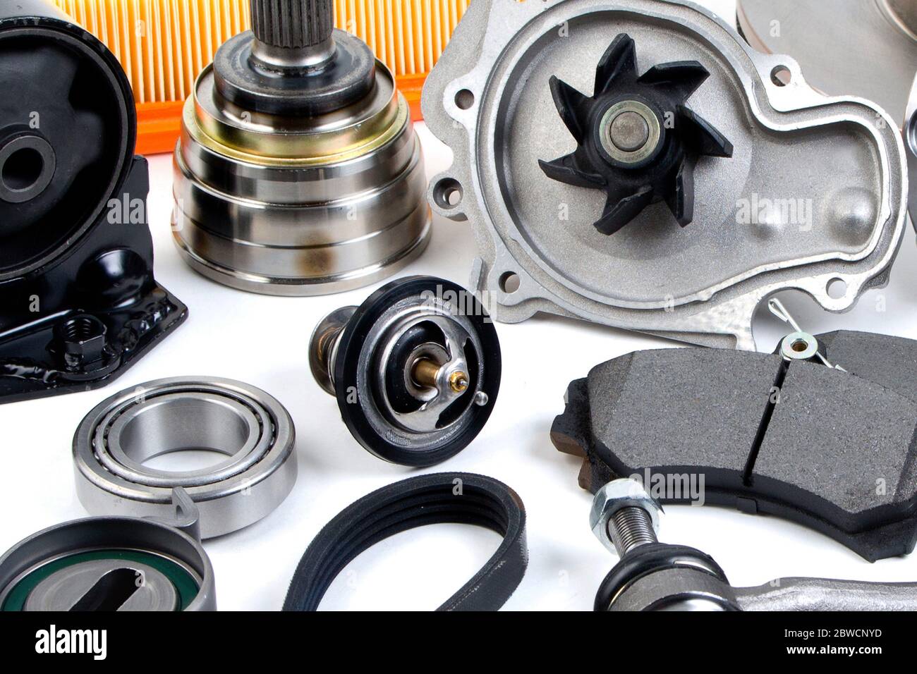 Auto parts background. Hub, pump, brake pads, filter, timing belt ...
