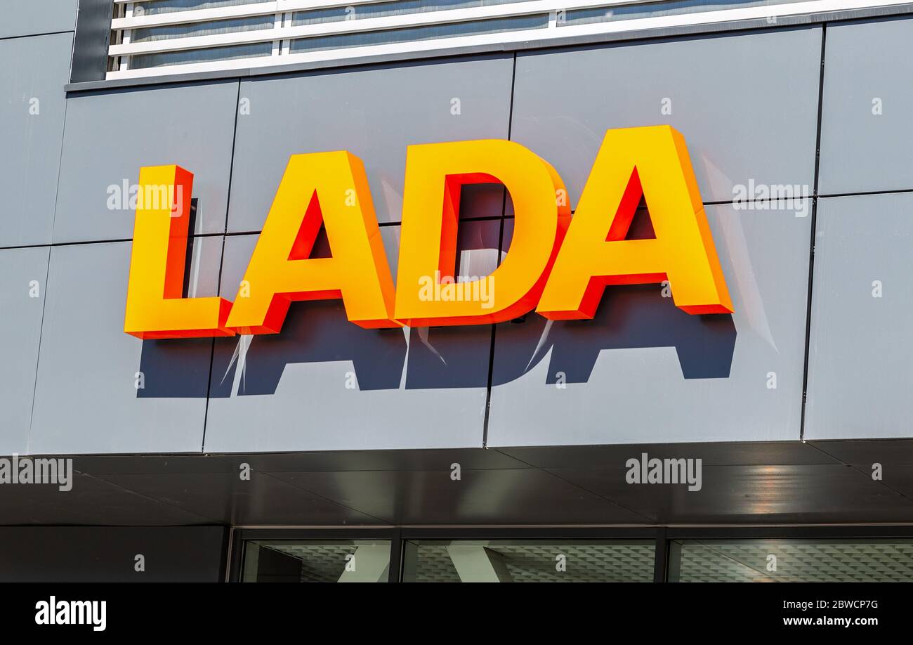 Samara, Russia - May 29, 2020: Dealership sign Lada on the office of ...