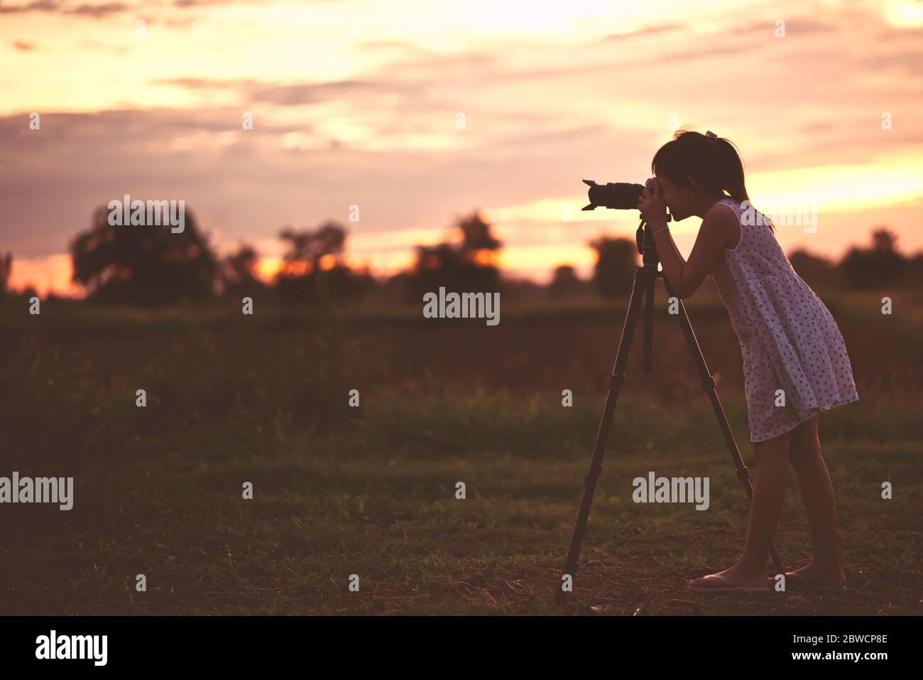 Asian little girl photographer taking picture silhouette sunset sky by ...