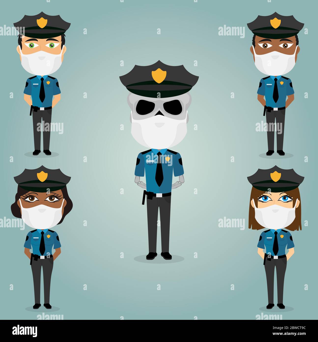 Set Police officer male female skeleton white black with virus mask ...