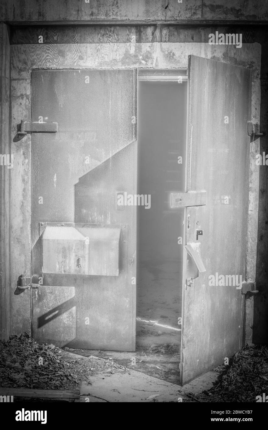Stylized image of a solid steel door that is open on a bunker Stock ...