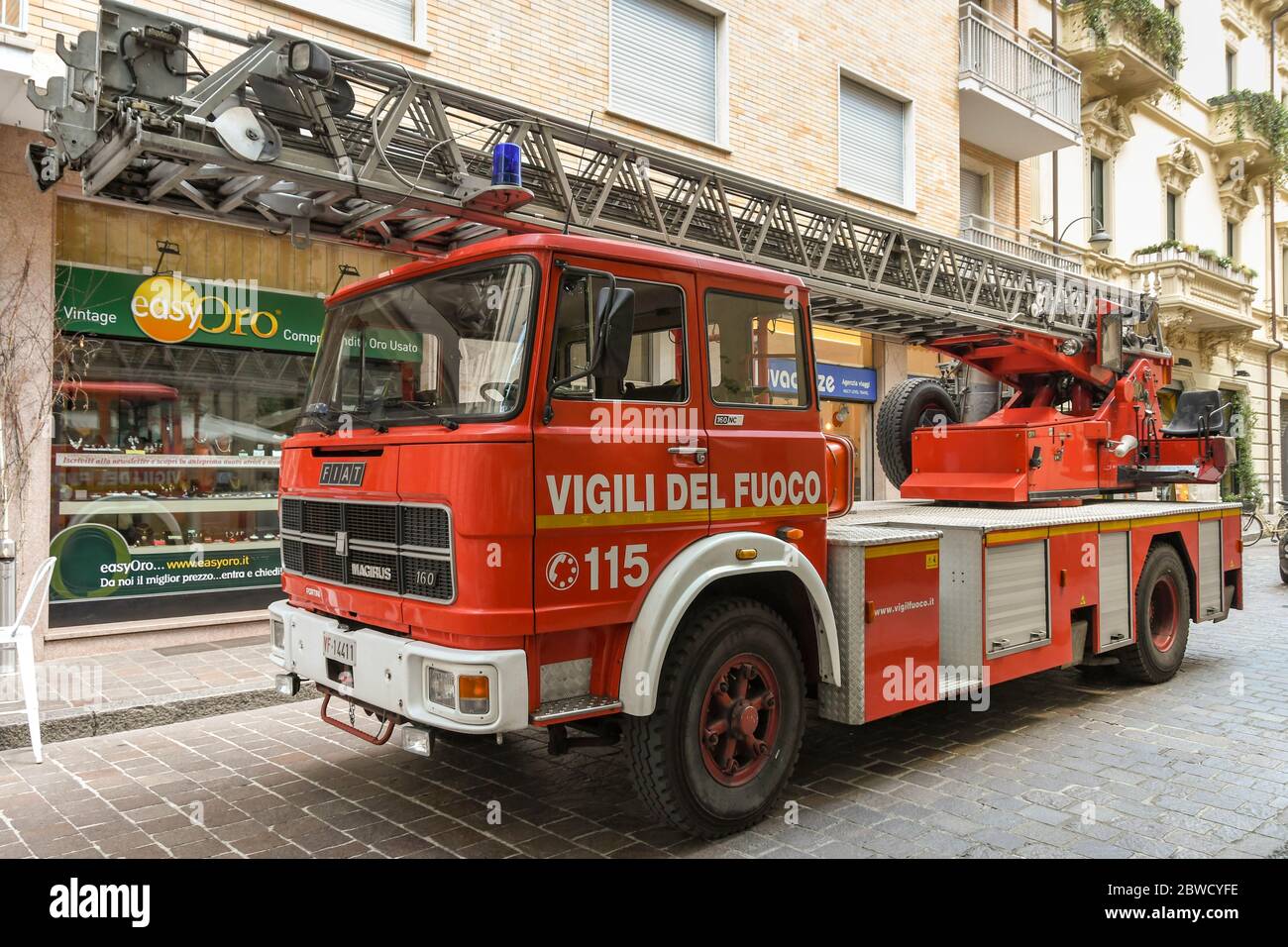 COMO, LAKE COMO, ITALY - JUNE 2019: Turntable ladder fire engine parked ...