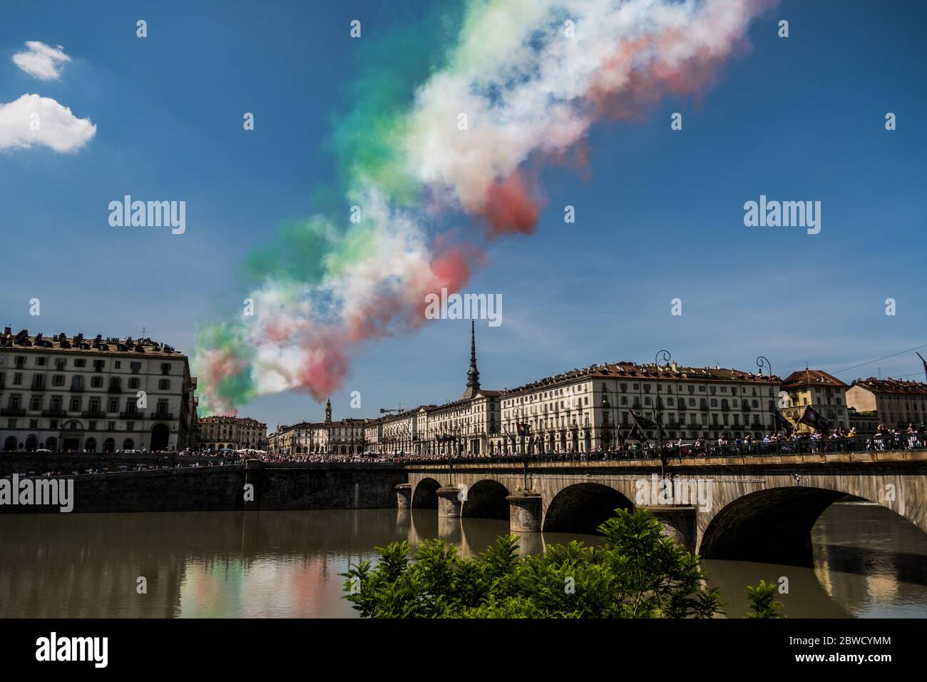 TURIN, ITALY - MAY 2020: The Italian "Tricolour Arrows" make a show in the sky of Turin for the ...