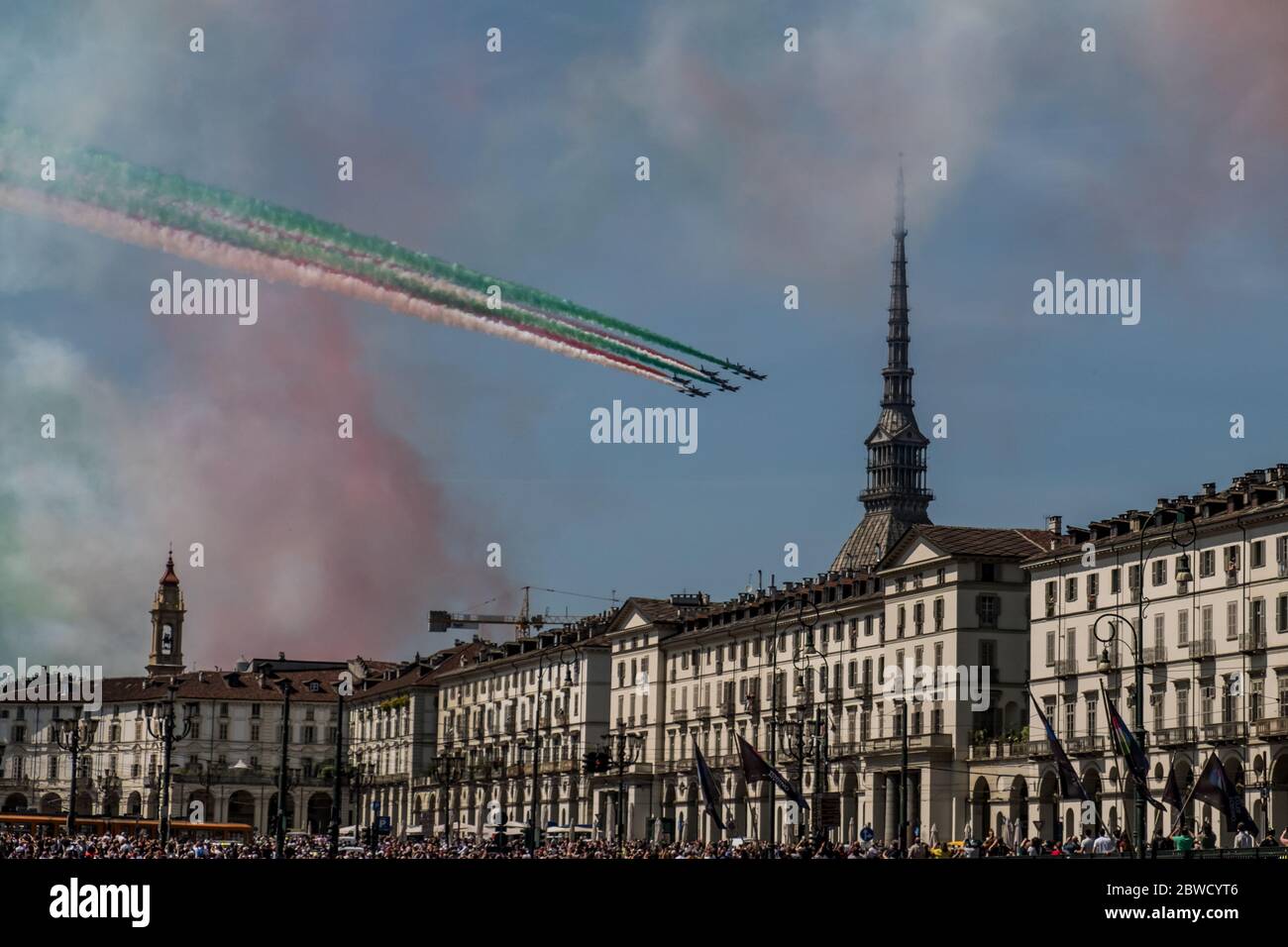 TURIN, ITALY - MAY 2020: The Italian "Tricolour Arrows" make a show in ...