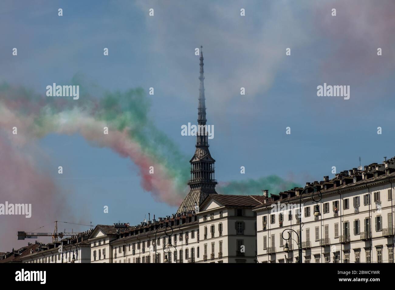 TURIN, ITALY - MAY 2020: The Italian "Tricolour Arrows" make a show in the sky of Turin for the ...
