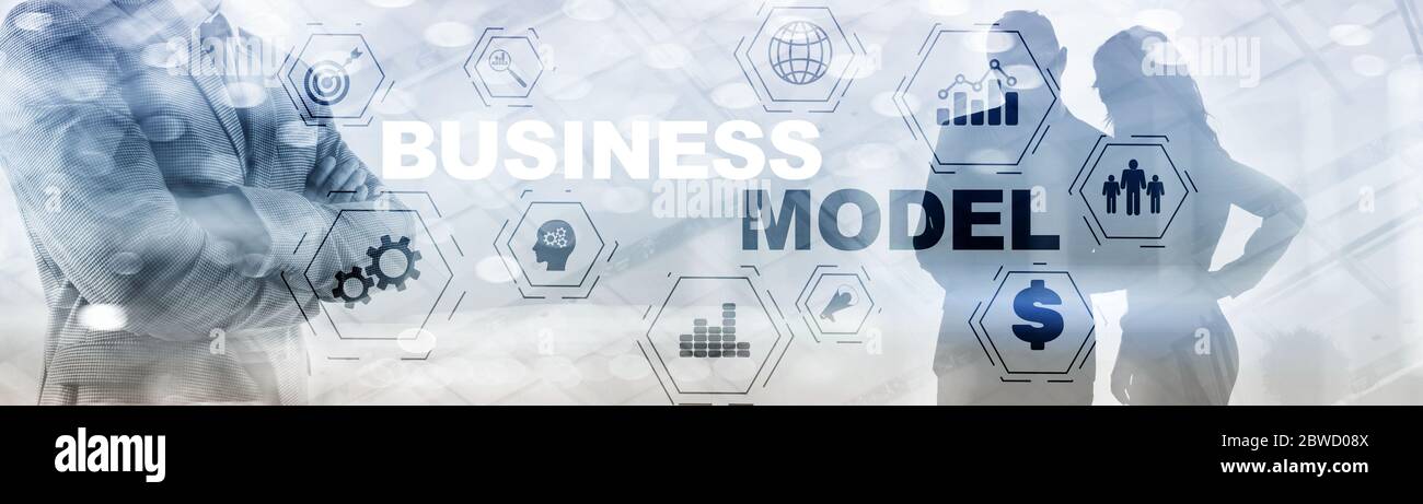 Business Model Concept. Abstract background with keywords and icons ...