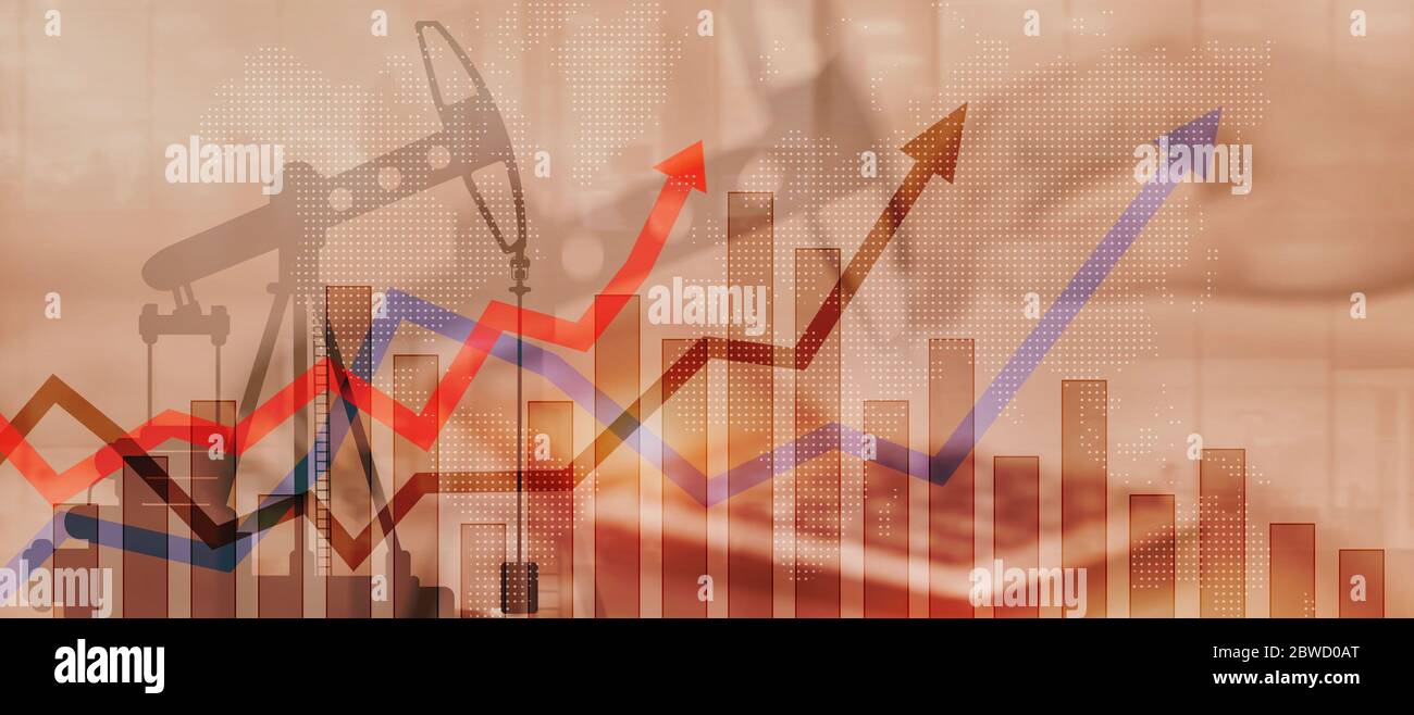 Growth in the oil market. Oil rigs oil barrel and up arrow. Resource ...