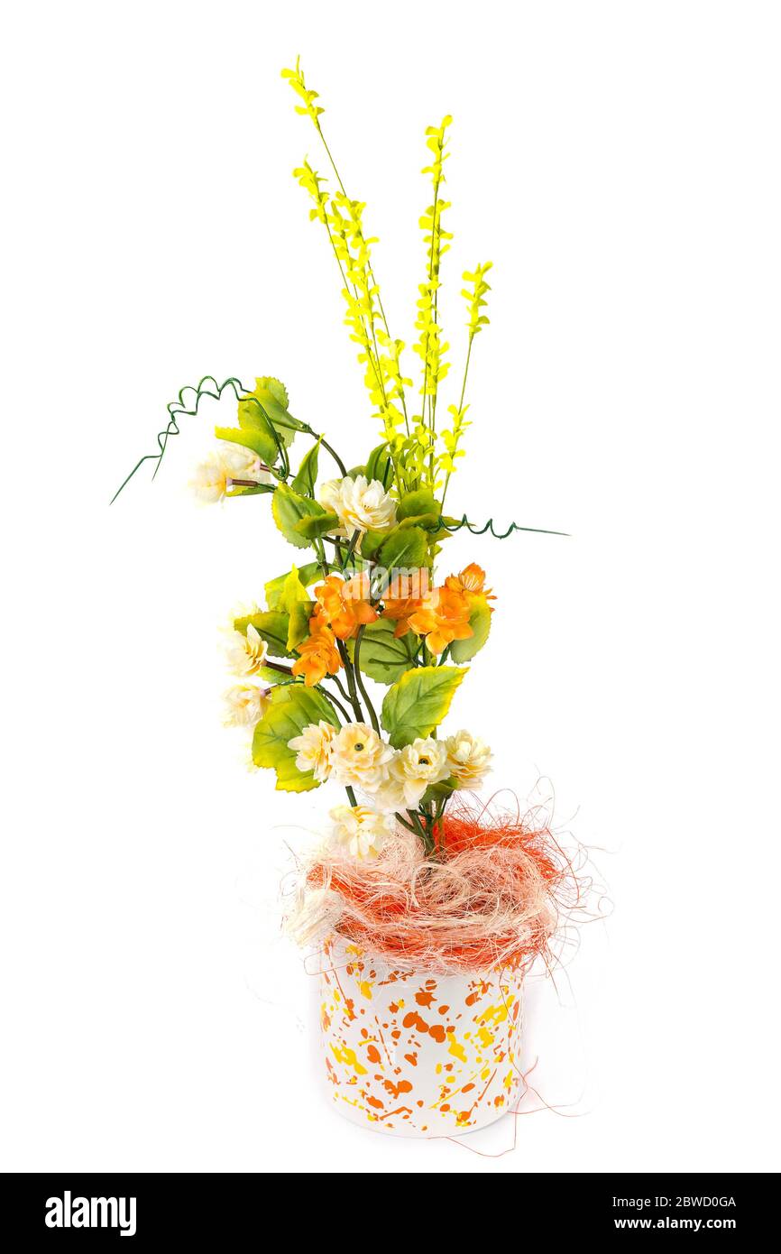 Composition with artificial flowers in a pot isolated on white ...