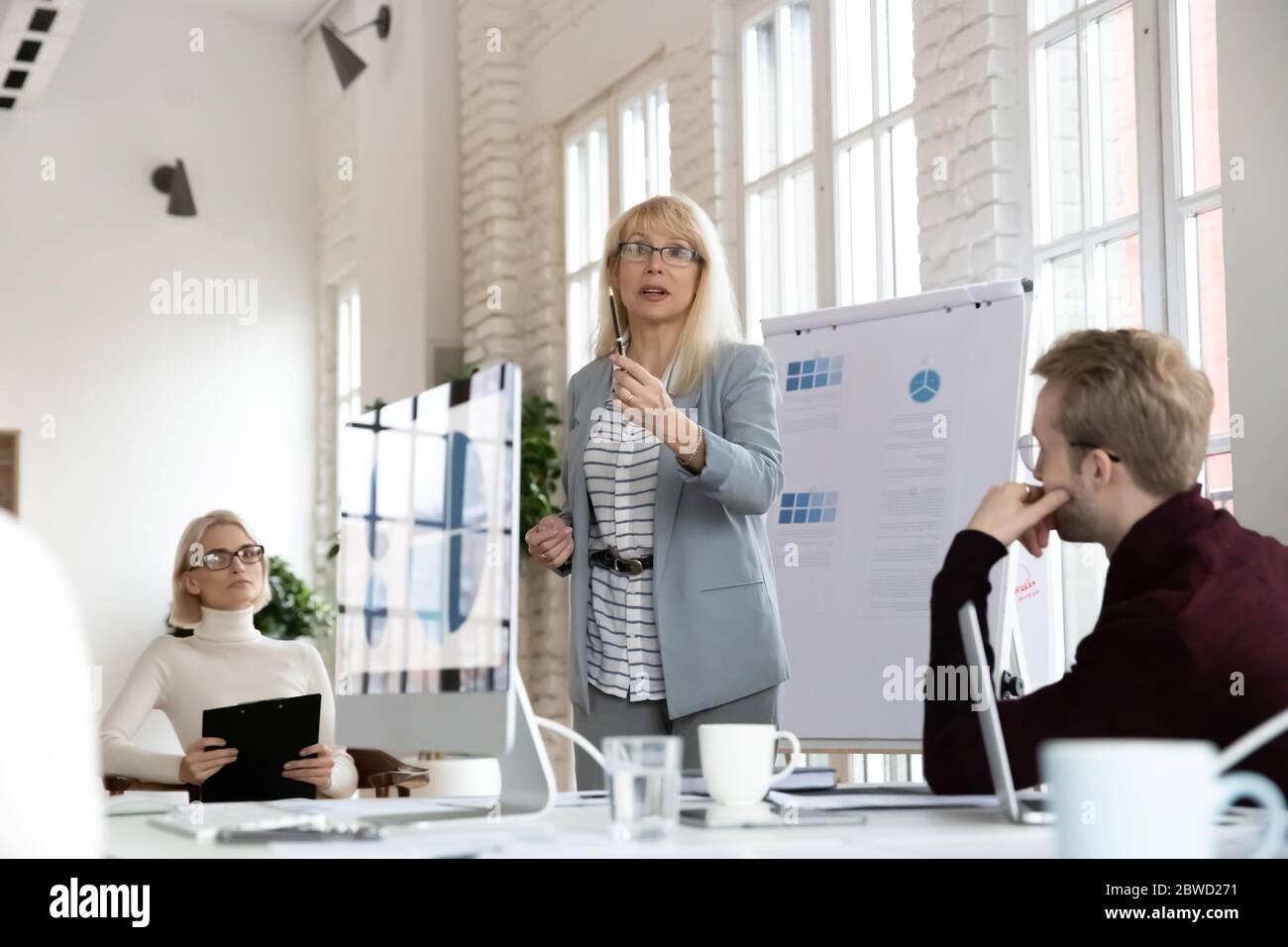 Focused middle aged female boss explaining marketing strategy to ...