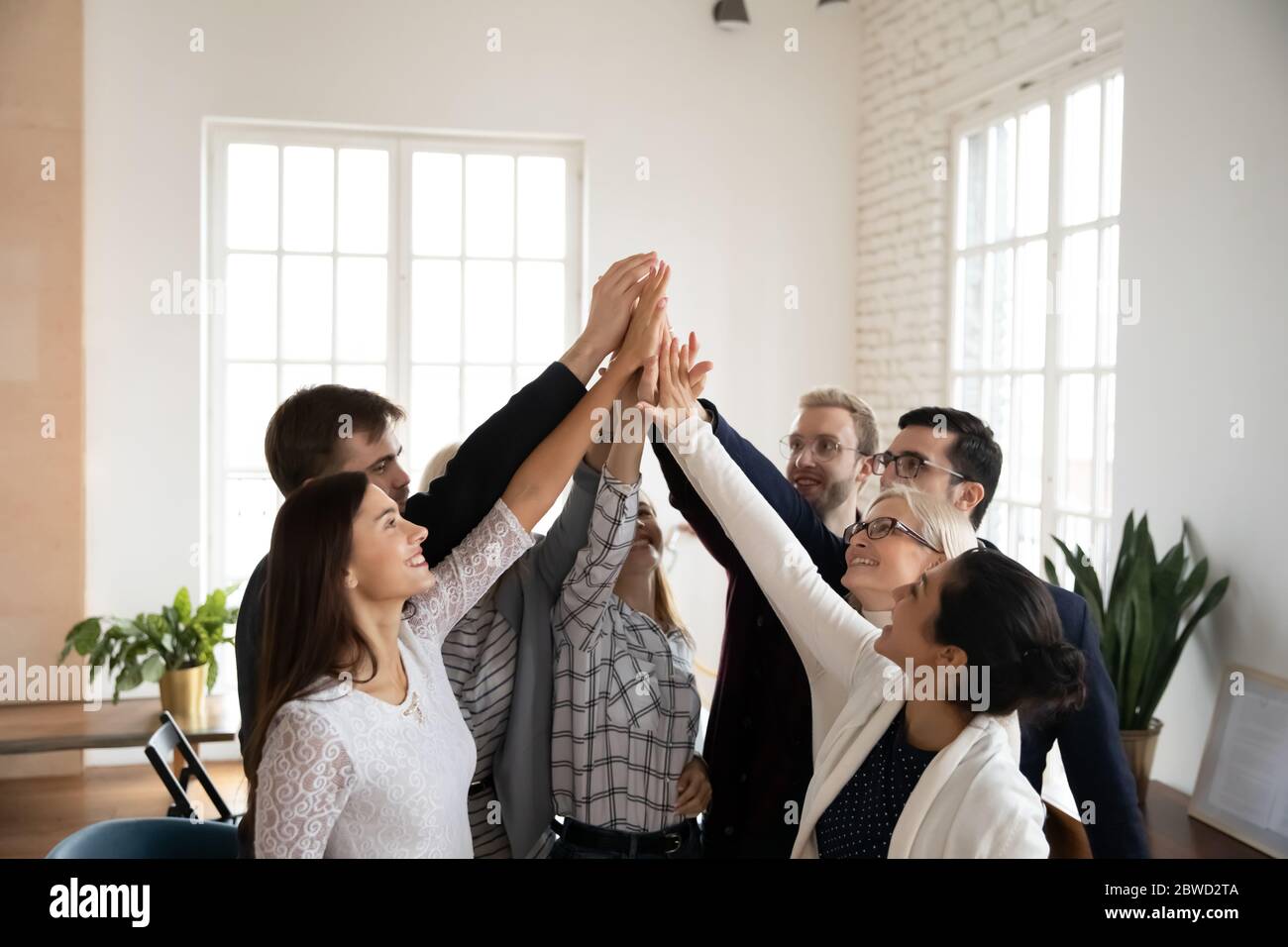 Overjoyed diverse teammates giving high five to each other Stock Photo ...