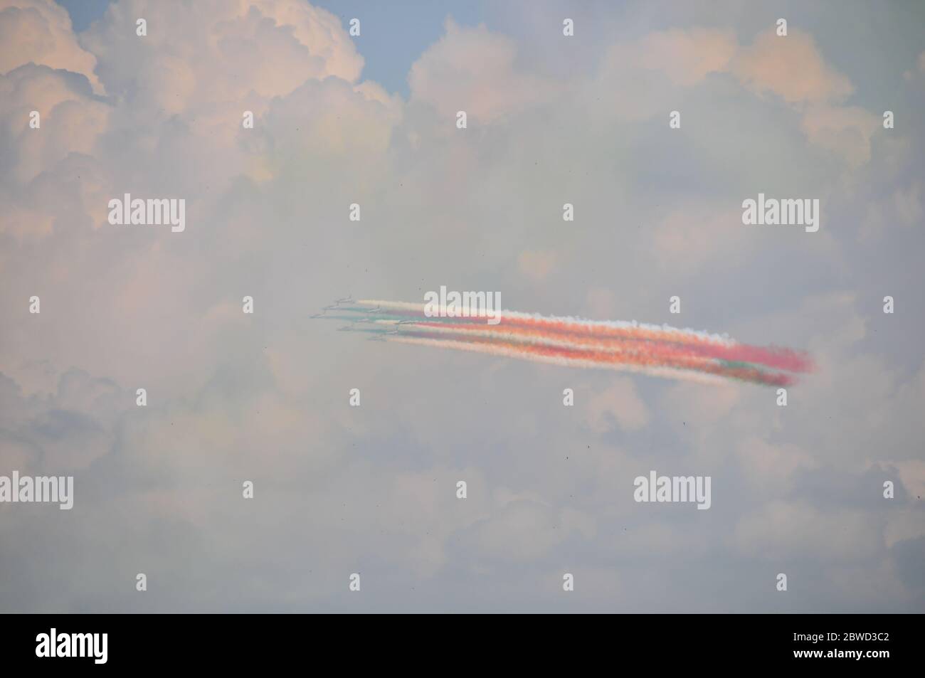 TURIN, ITALY - JUNE 2011: The Italian "Tricolour Arrows" make a show in ...