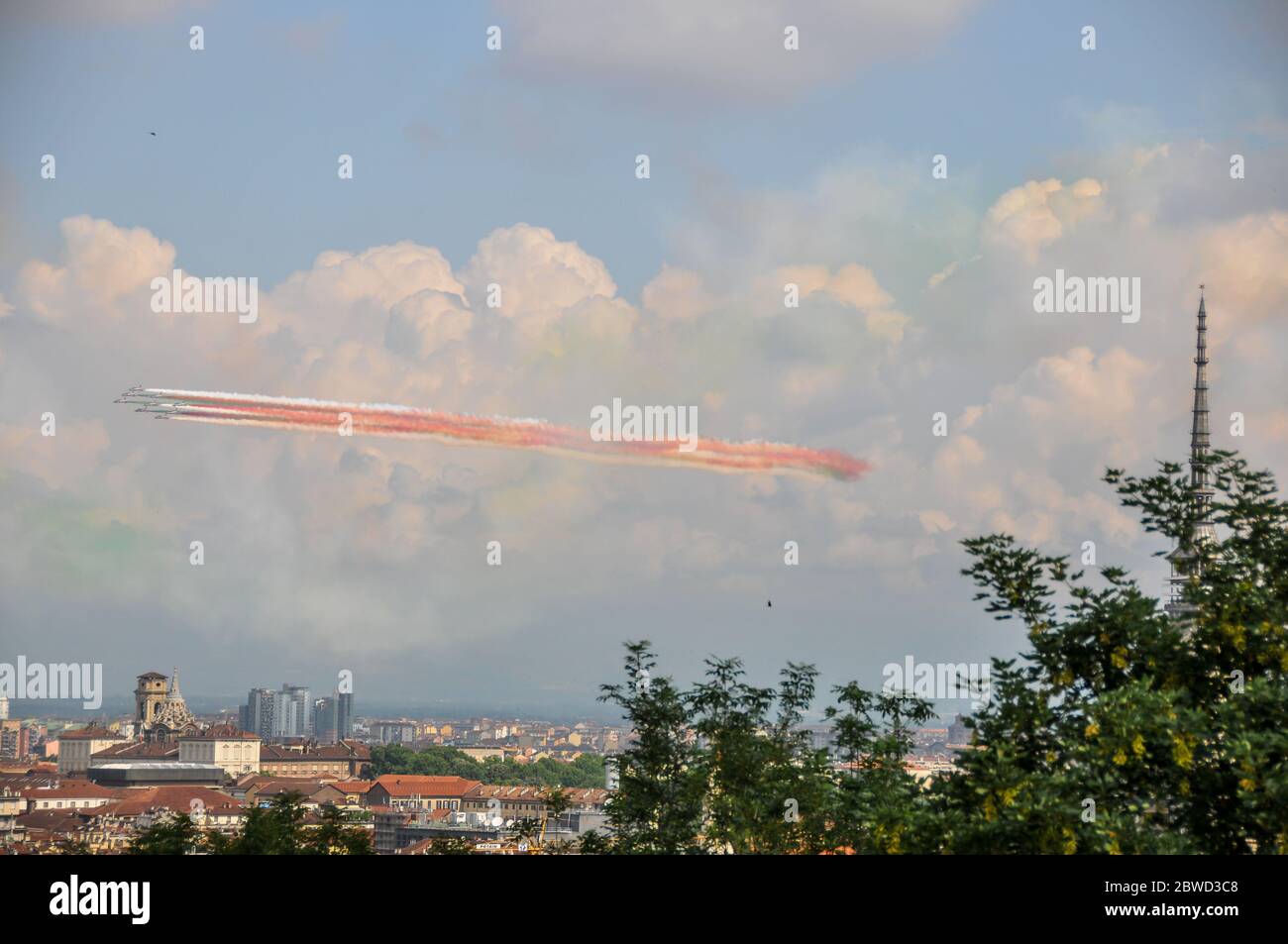 TURIN, ITALY - JUNE 2011: The Italian "Tricolour Arrows" make a show in ...