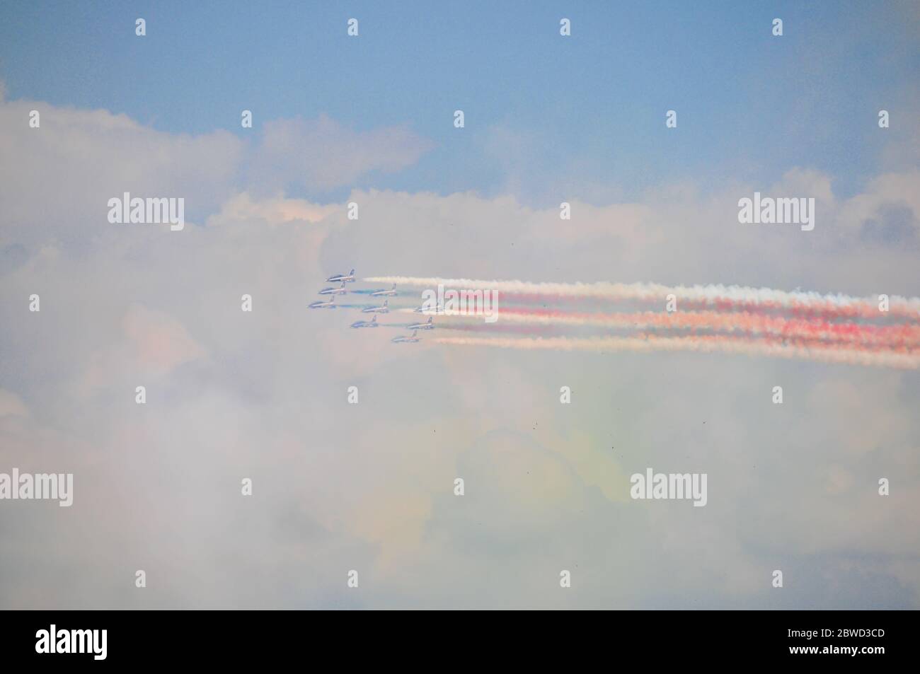 TURIN, ITALY - JUNE 2011: The Italian "Tricolour Arrows" make a show in ...