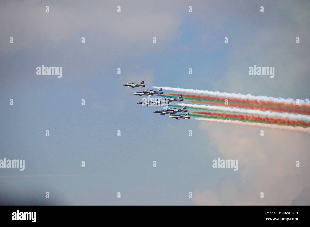 TURIN, ITALY - JUNE 2011: The Italian "Tricolour Arrows" make a show in ...