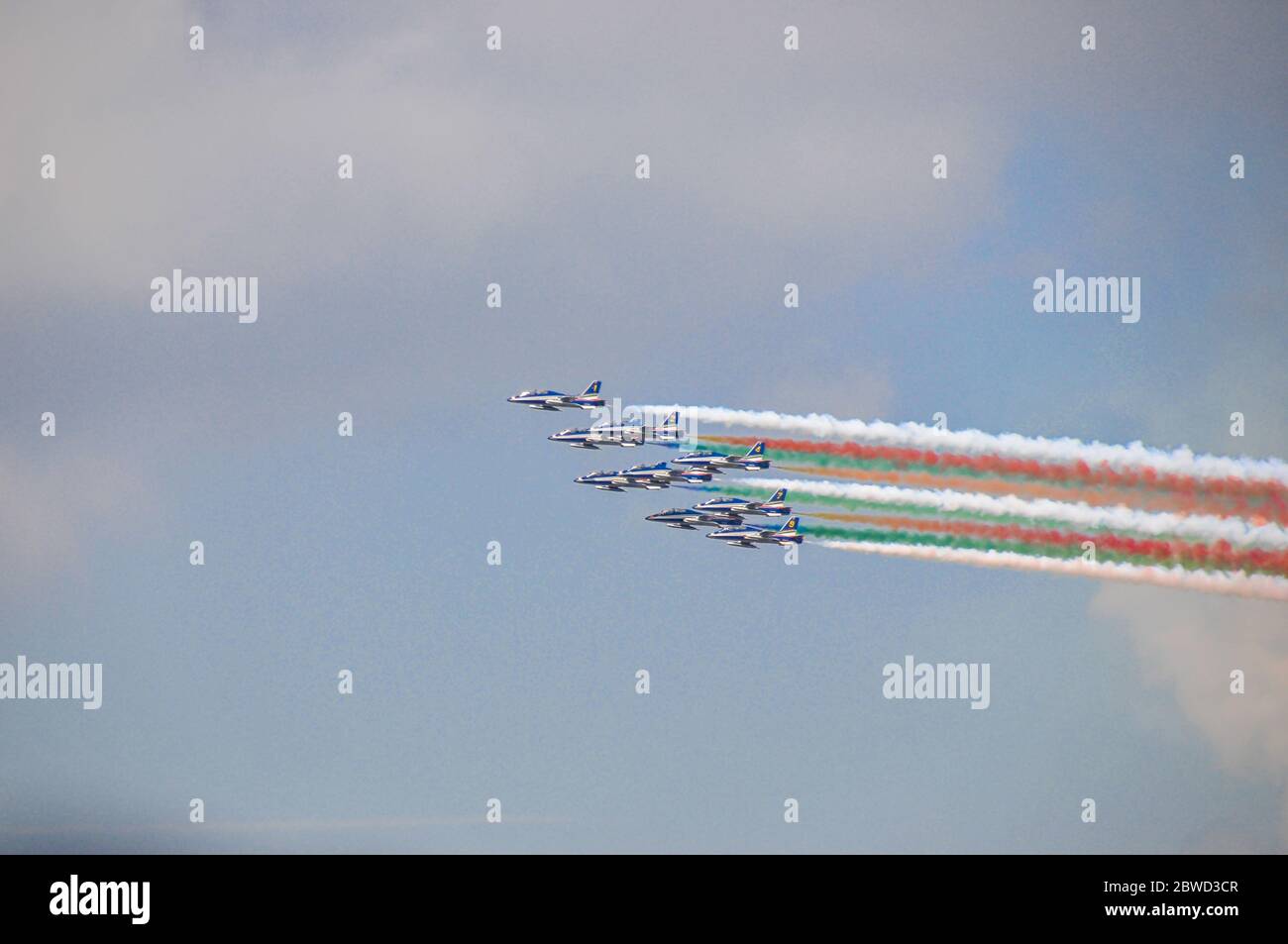 TURIN, ITALY - JUNE 2011: The Italian "Tricolour Arrows" make a show in ...