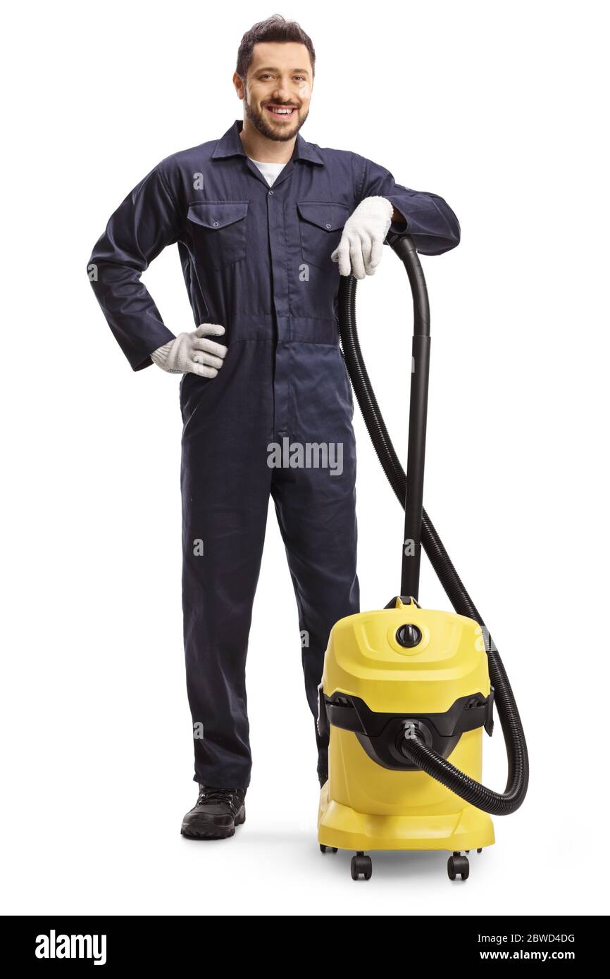 Full length portrait of a male cleaner in a uniform with a professional ...