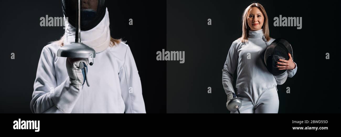 Collage of fencer holding fencing mask and rapier isolated on black ...