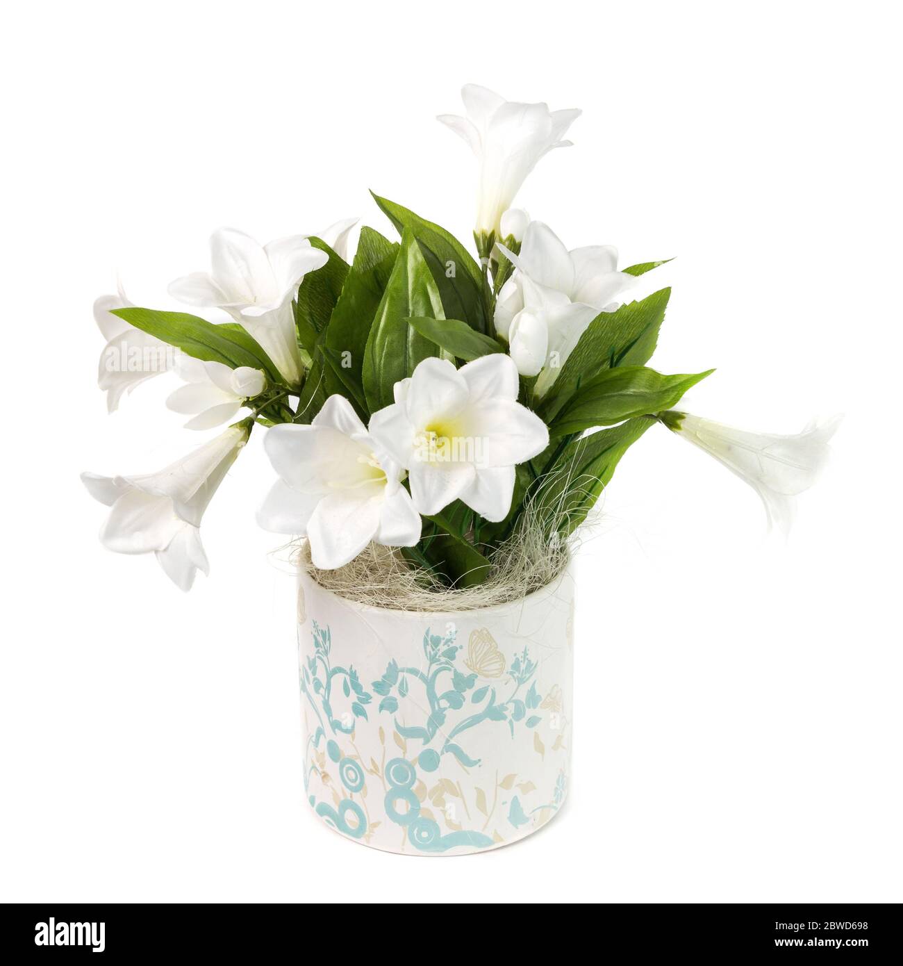 Composition with artificial flowers in a pot isolated on white ...