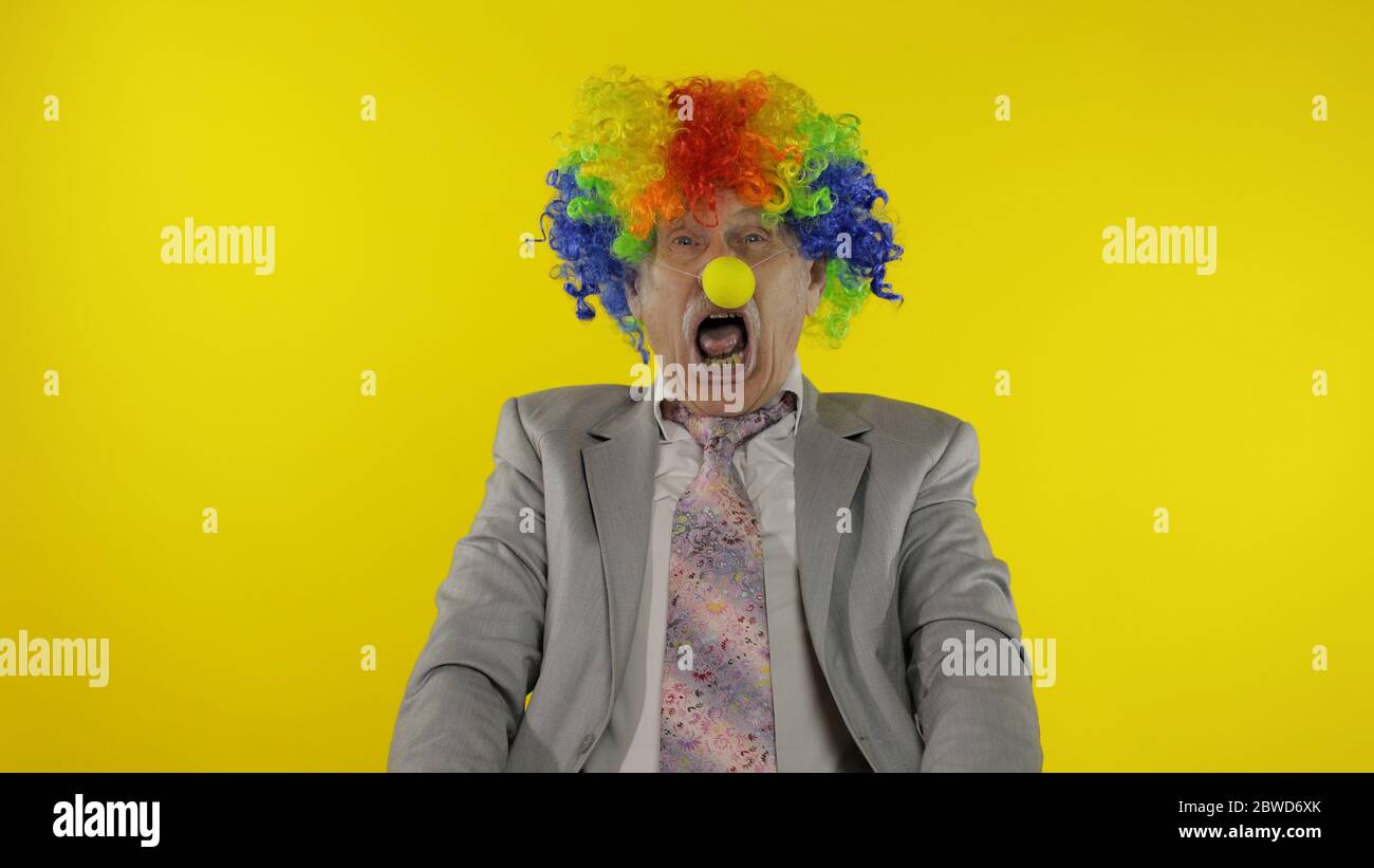 Senior clown manager office worker in wig and business suit at work ...