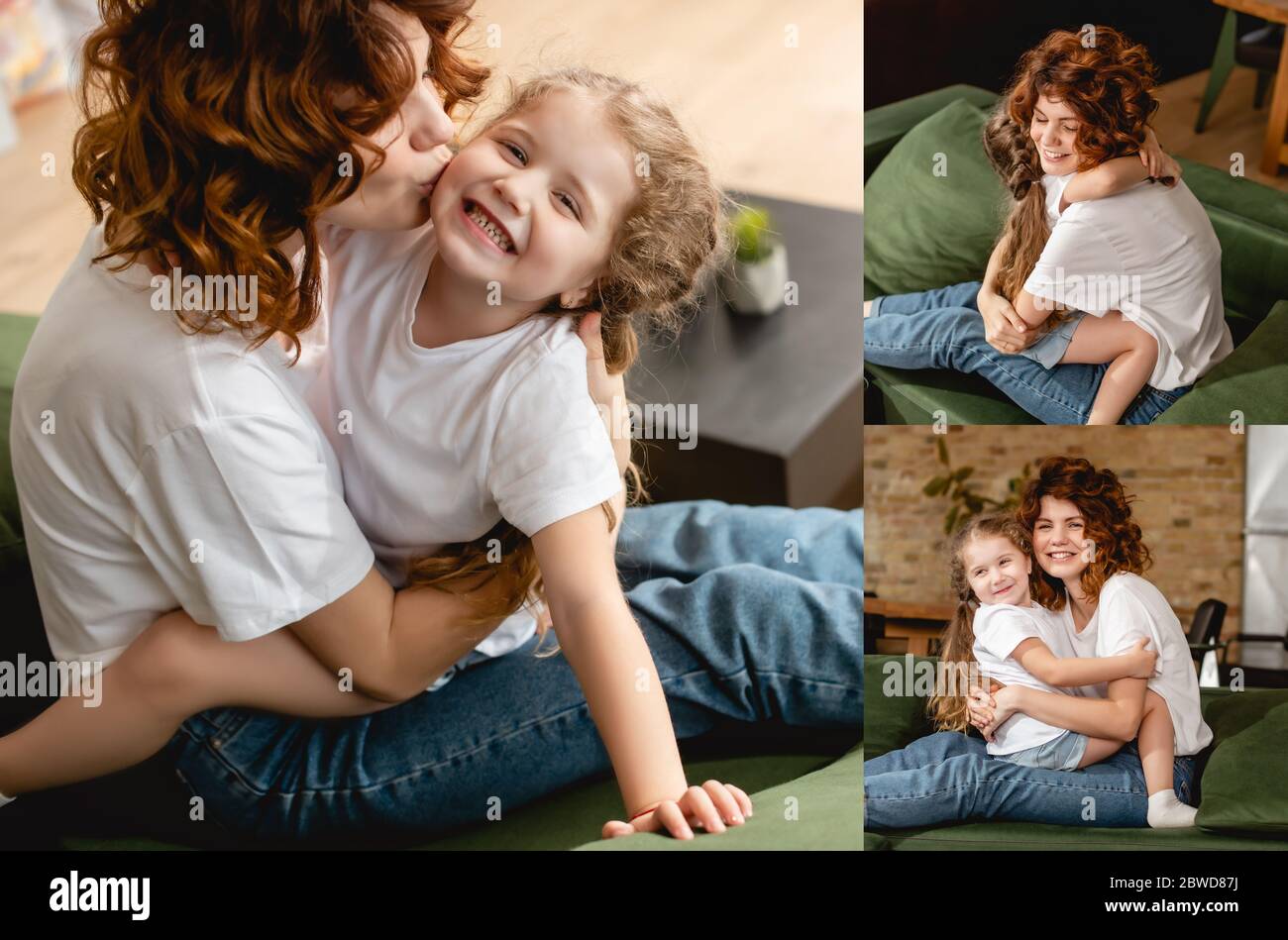 collage of curly mother kissing cheek and hugging happy daughter Stock ...