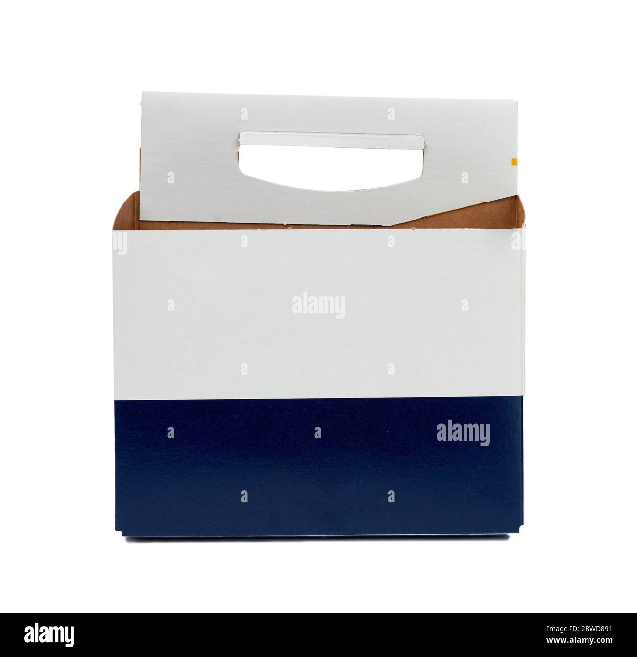 cardboard blue-white box with a handle for transporting glass beer ...