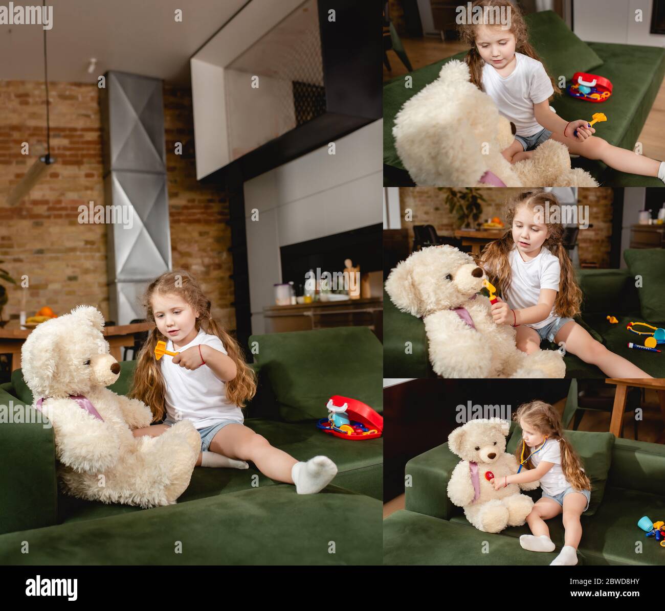 collage of cute kid playing with teddy bears in living room Stock Photo ...