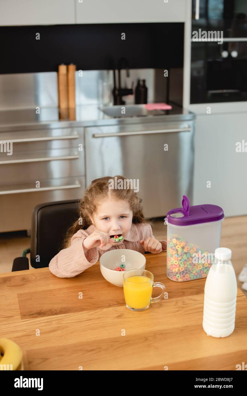 cute kid eating corn flakes near glass of orange juice and bottle with ...