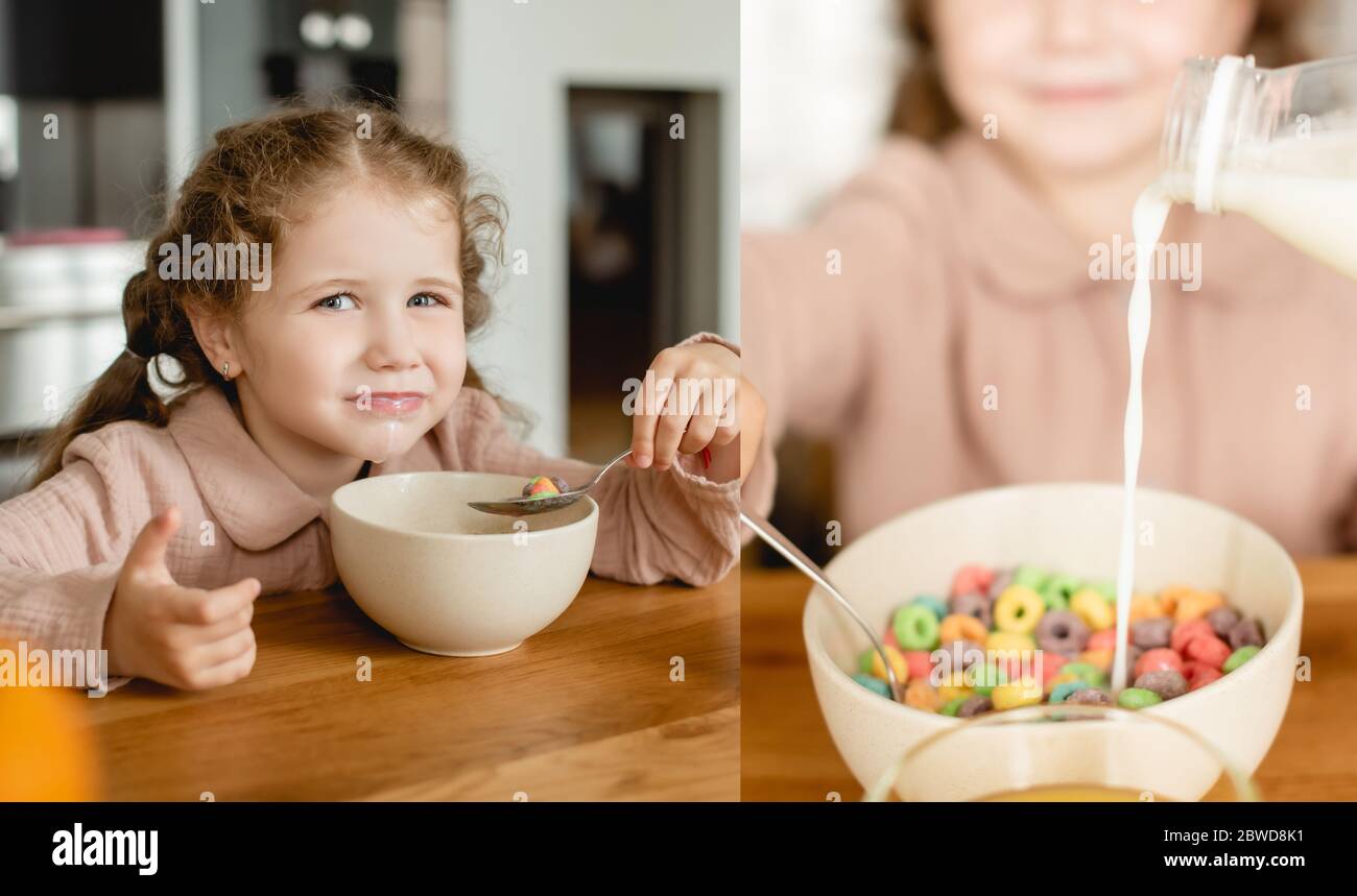 collage of milk pouring into bowl with delicious corn flakes near cute ...
