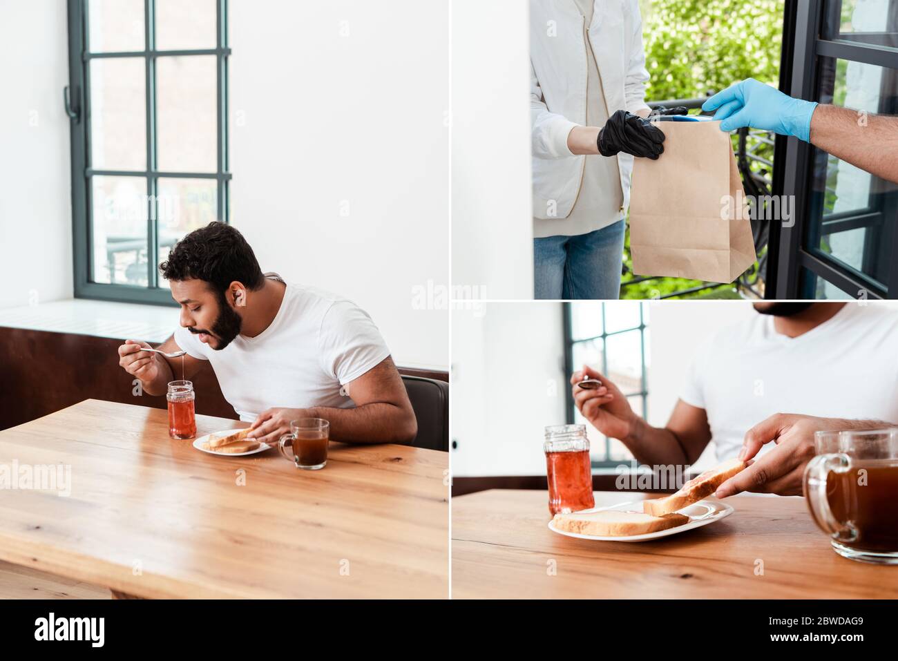 collage of african american man eating tasty jam near toast bread and ...