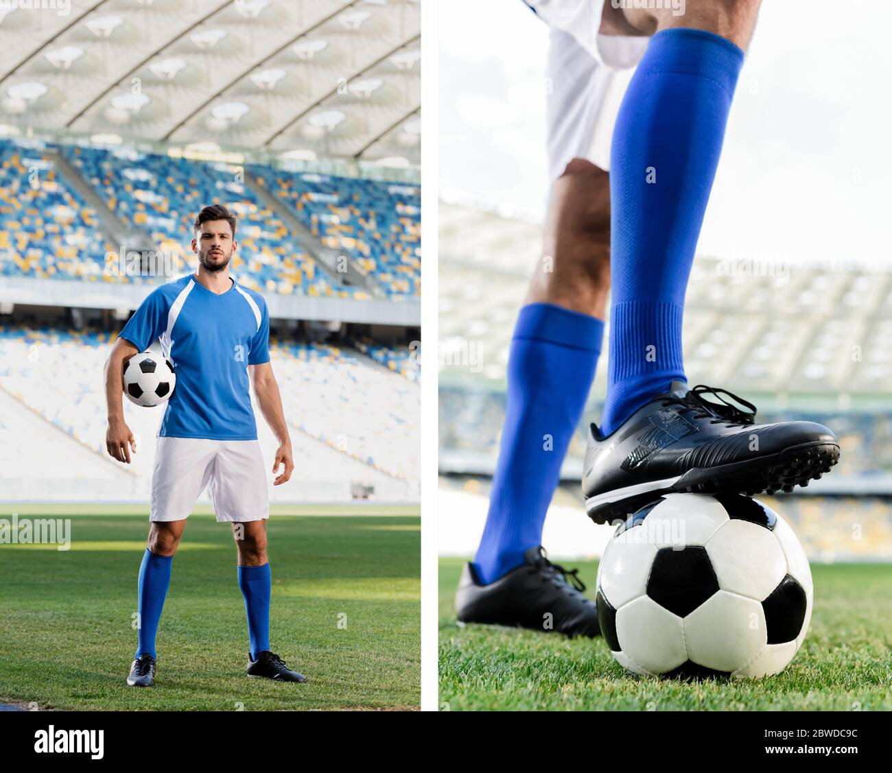 collage of professional soccer player in blue and white uniform and ...