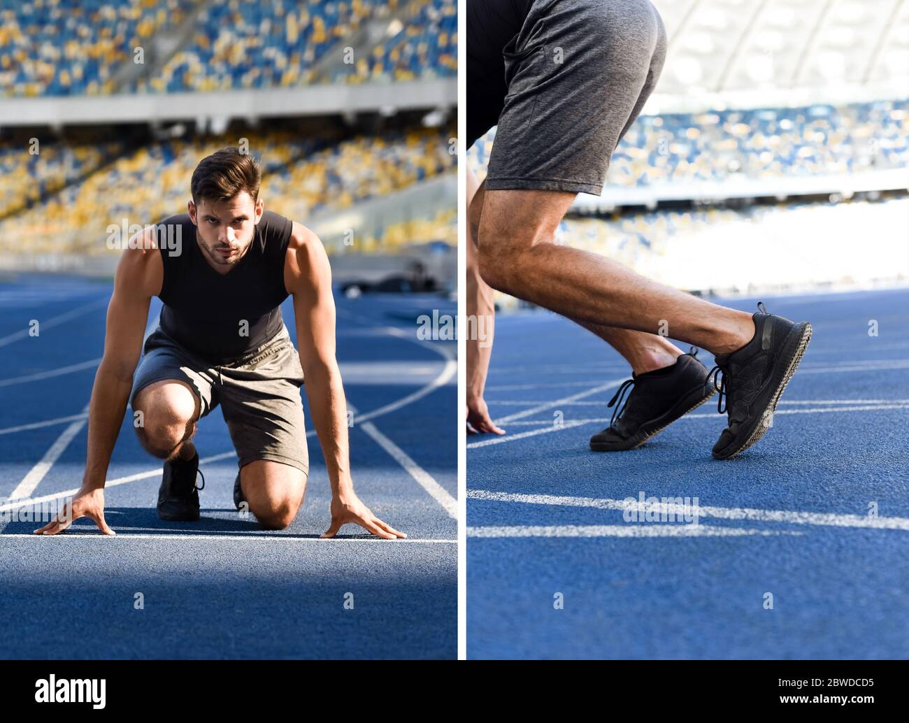 collage of handsome runner in start position on running track at ...