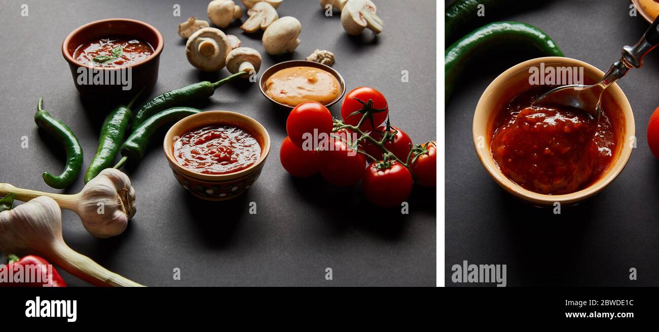 collage of bowls with tomato and mustard sauces near ripe and fresh ...