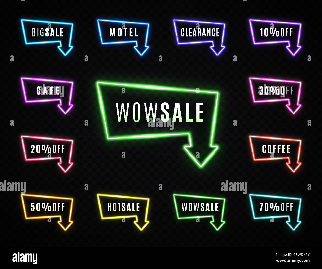 Retro sale neon sign set on transparent background. Color light glowing ...