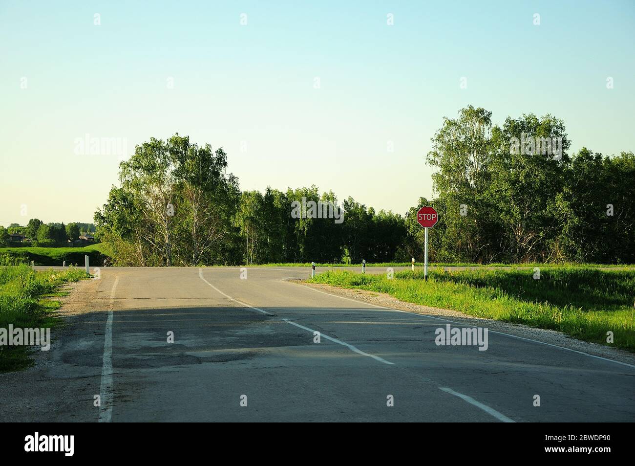 Asphalt road at the intersection with a traffic sign on a summer day in ...