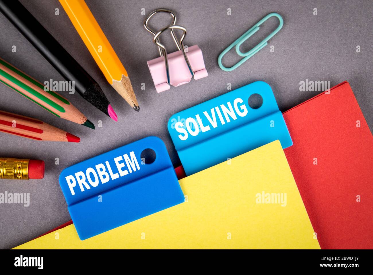 PROBLEM SOLVING concept. Folder Register of Card Index. Colored pencils ...