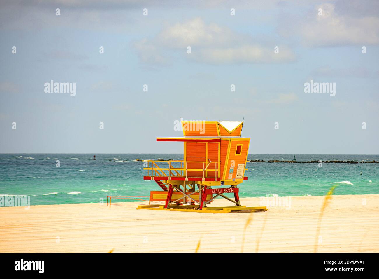 Miami South Beach skyline. Lifeguard tower in colorful Art Deco style ...