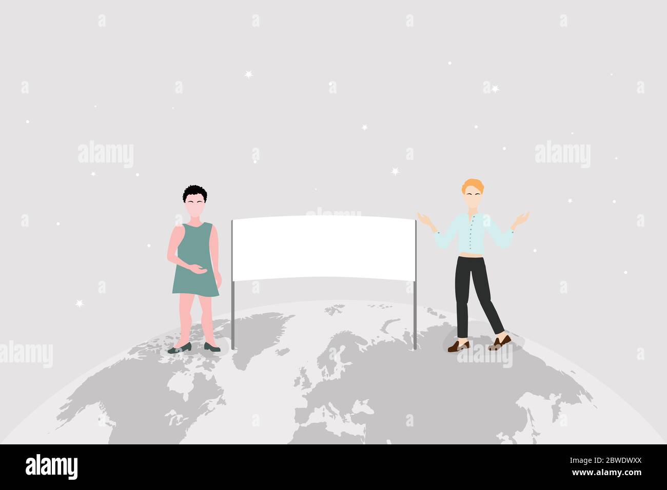 Characters on the world map and globe with an empty placard, copy space ...