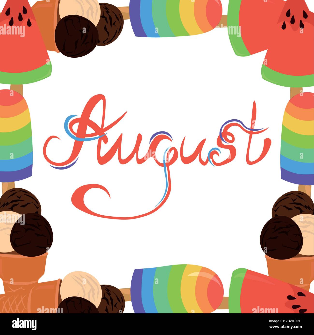August, summer calendar. Ice cream, fruit ice and a waffle cone ...