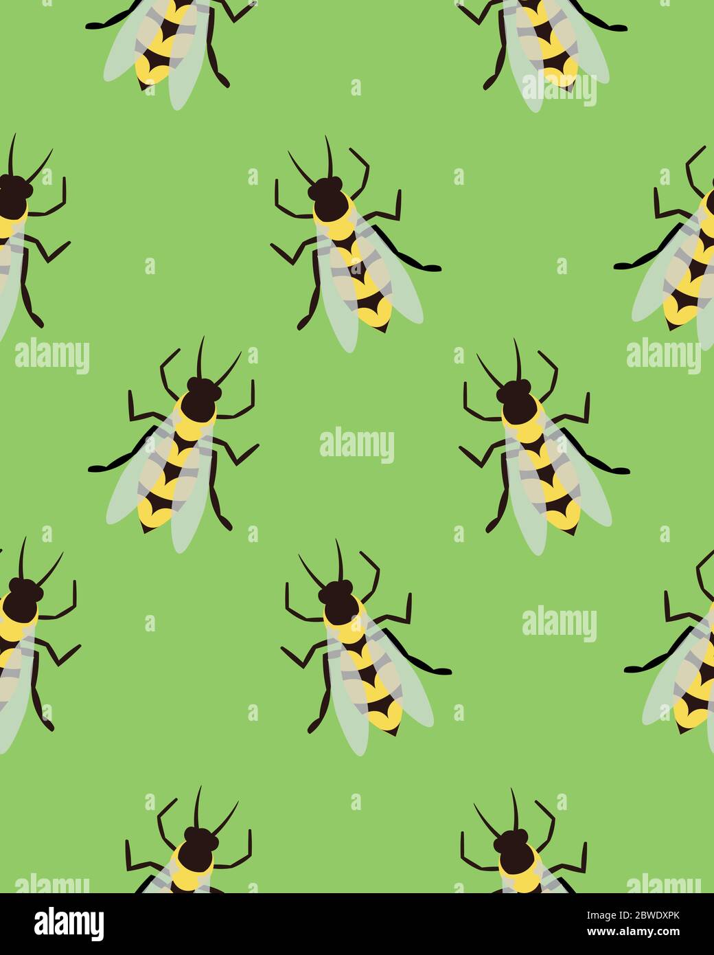 Bees, wasps and gadflies. Green seamless pattern. Design for postcards ...